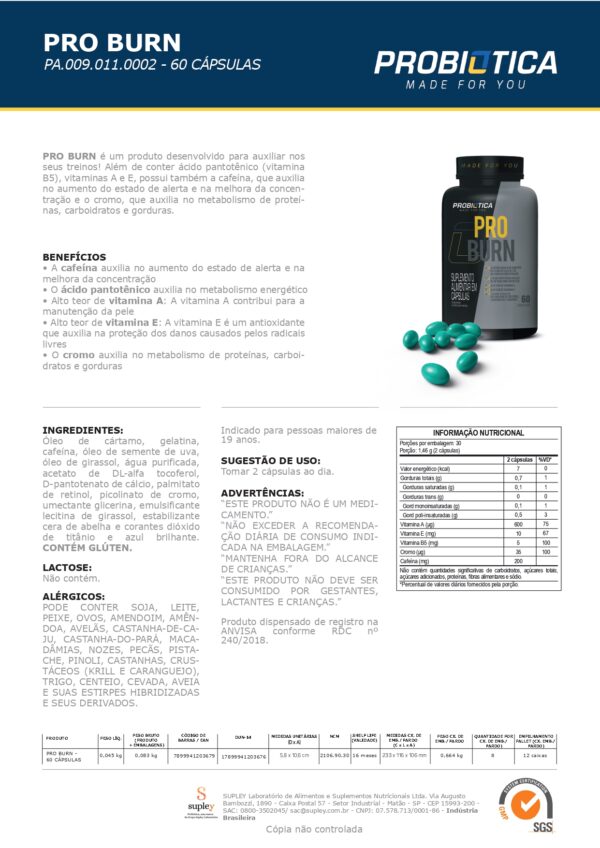 Pro Burn 60 Capsulas – Probiótica - Dragon Shape